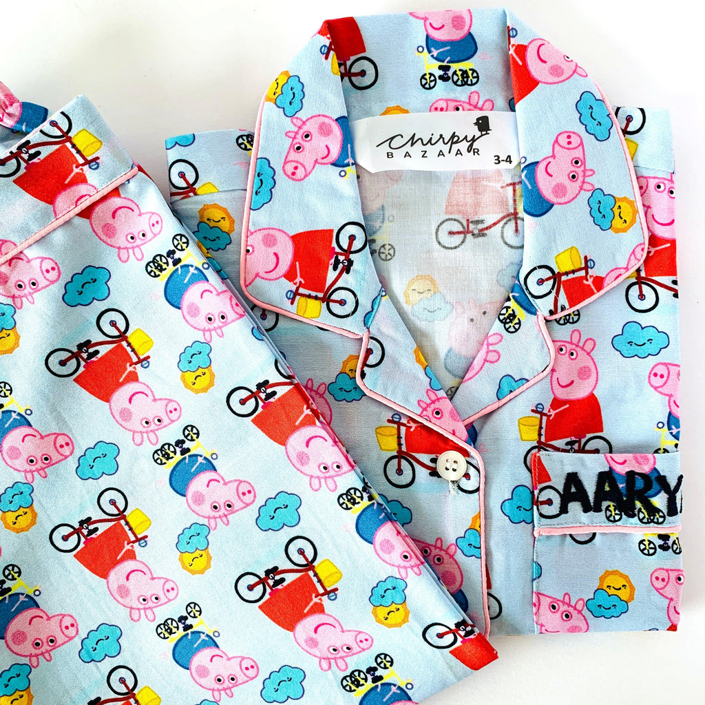 Blue Cotton Kids Night Suit - Pigs Design