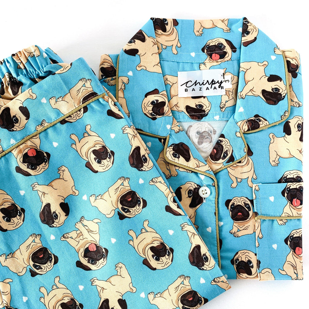 Blue Cotton Kids Night Suit - Pugs Design